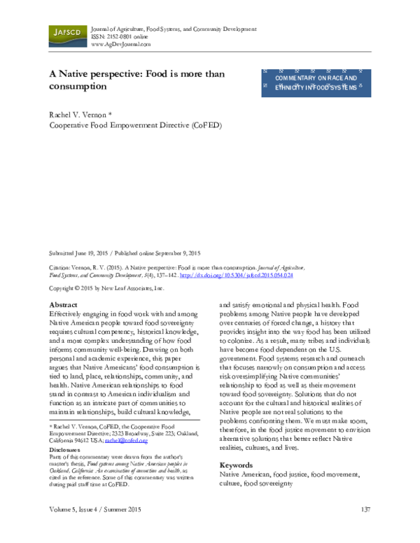 (PDF) A Native Perspective: Food is More Than Consumption