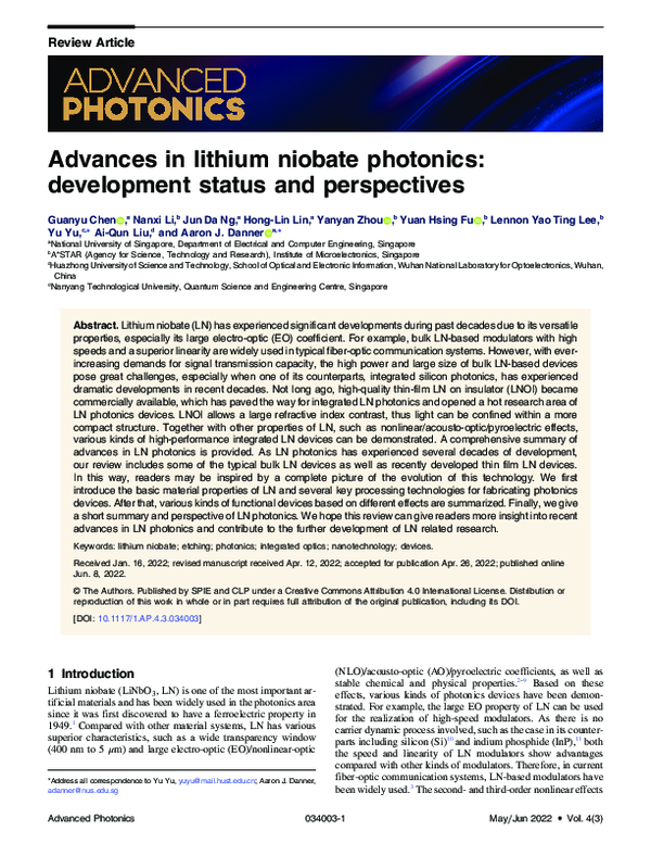 (PDF) Advances in lithium niobate photonics: development status and perspectives