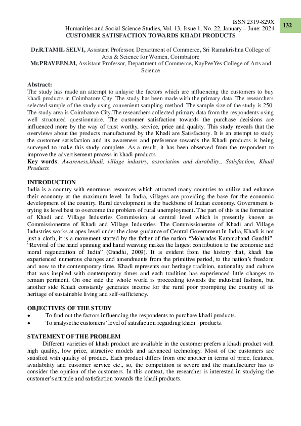 (PDF) CUSTOMER SATISFACTION TOWARDS KHADI PRODUCTS