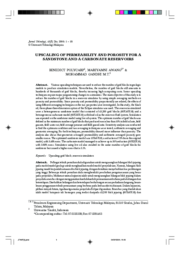(PDF) Upscaling and Permeability and Porosity for a Sandstone and a Carbonate Reservoirs