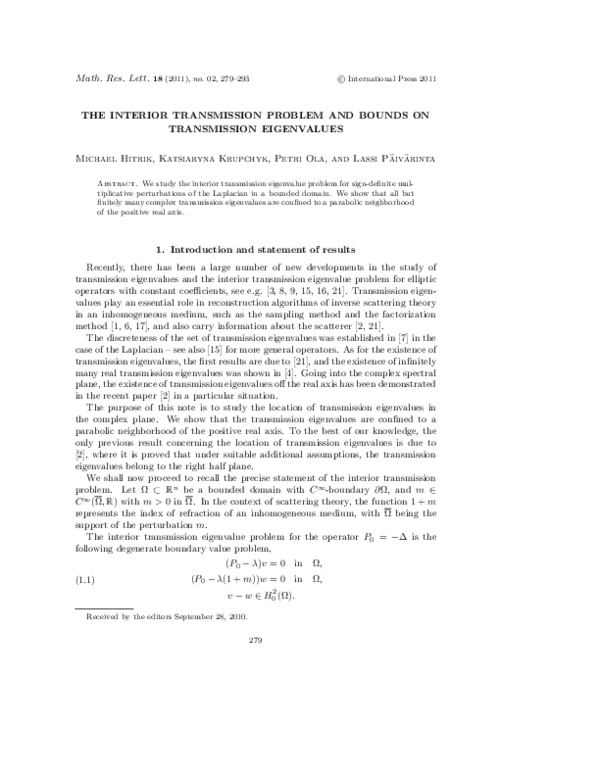 (PDF) The interior transmission problem and bounds on transmission eigenvalues