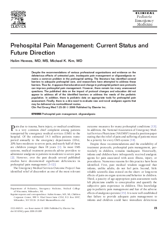 (PDF) Prehospital Pain Management: Current Status and Future Direction
