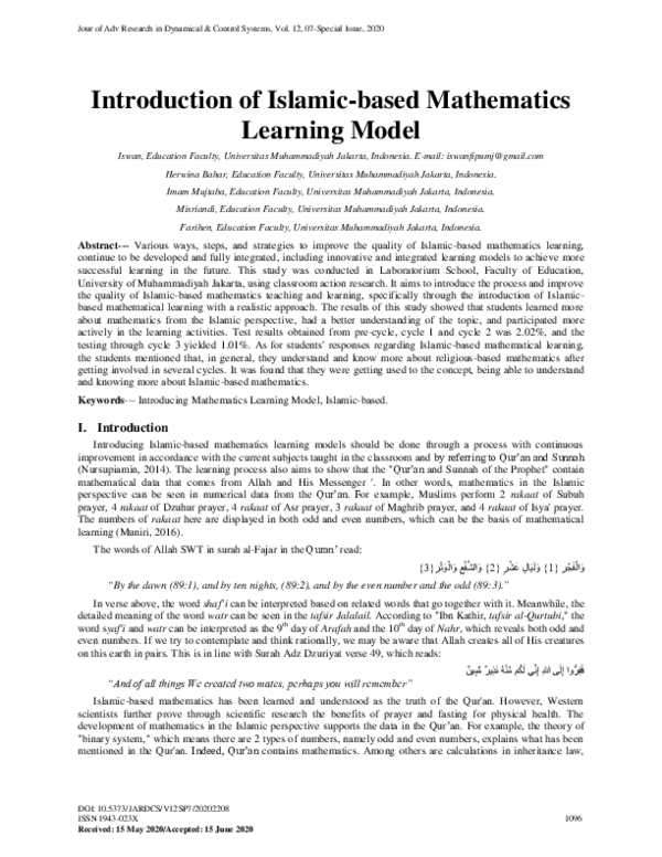 (PDF) Introduction of Islamic-based Mathematics Learning Model