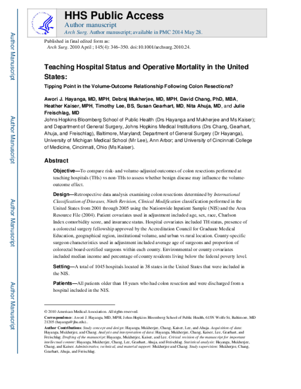 (PDF) Teaching Hospital Status and Operative Mortality in the United States