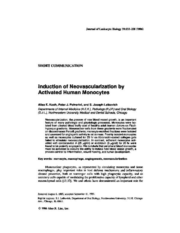 (PDF) Induction of Neovascularization by Activated Human Monocytes