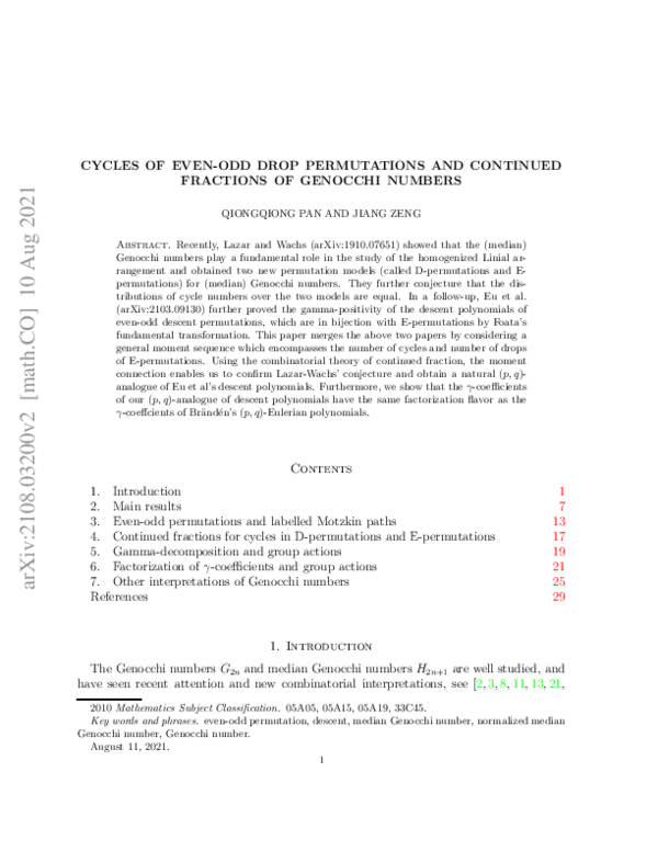 (PDF) Cycles of even-odd drop permutations and continued fractions of Genocchi numbers