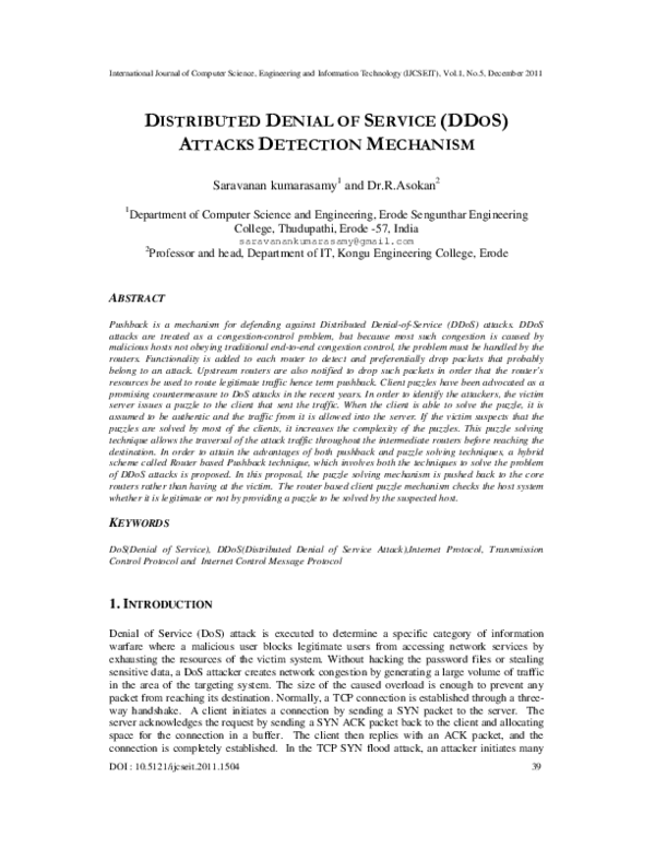 (PDF) Distributed Denial of Service (DDOS) Attacks Detection Mechanism
