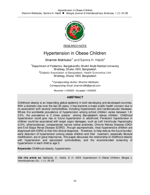 (PDF) Hypertension in Obese Children | Sharmin Mahbuba - Academia.edu