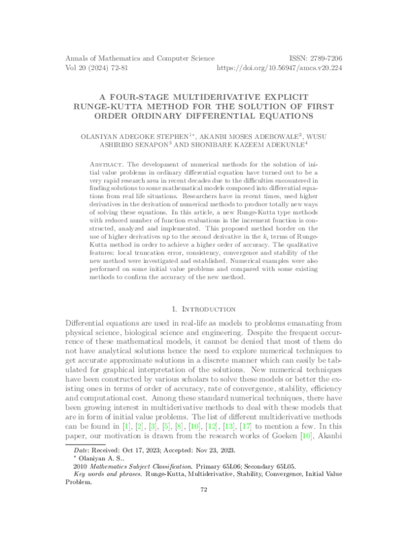 Pdf A Four Stage Multiderivative Explicit Runge Kutta Method For The 4841