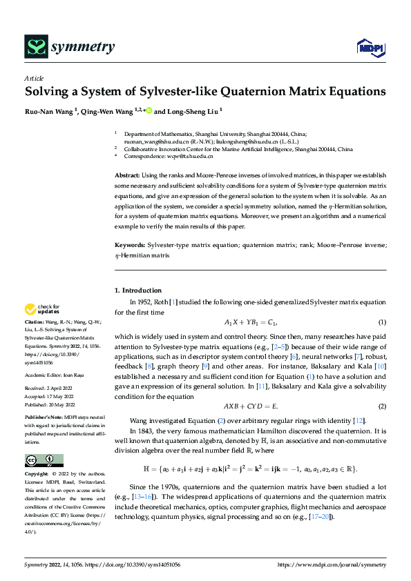 Pdf Solving A System Of Sylvester Like Quaternion Matrix Equations
