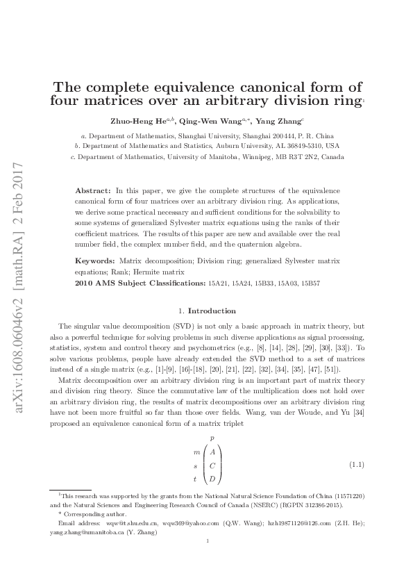 (PDF) The complete equivalence canonical form of four matrices over an ...