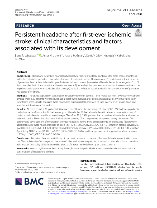 (PDF) Persistent headache after first-ever ischemic stroke: clinical characteristics and factors ...