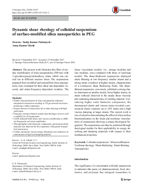 (PDF) Dynamic shear rheology of colloidal suspensions of surface-modified silica nanoparticles ...