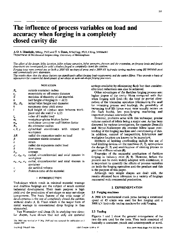 (PDF) The Influence of Process Variables on Load and Accuracy When ...