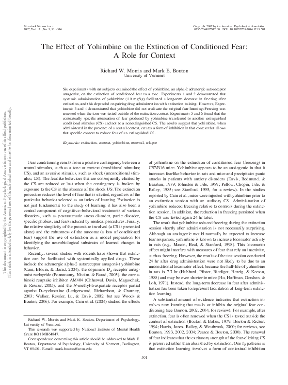 (PDF) The effect of yohimbine on the extinction of conditioned fear: A ...