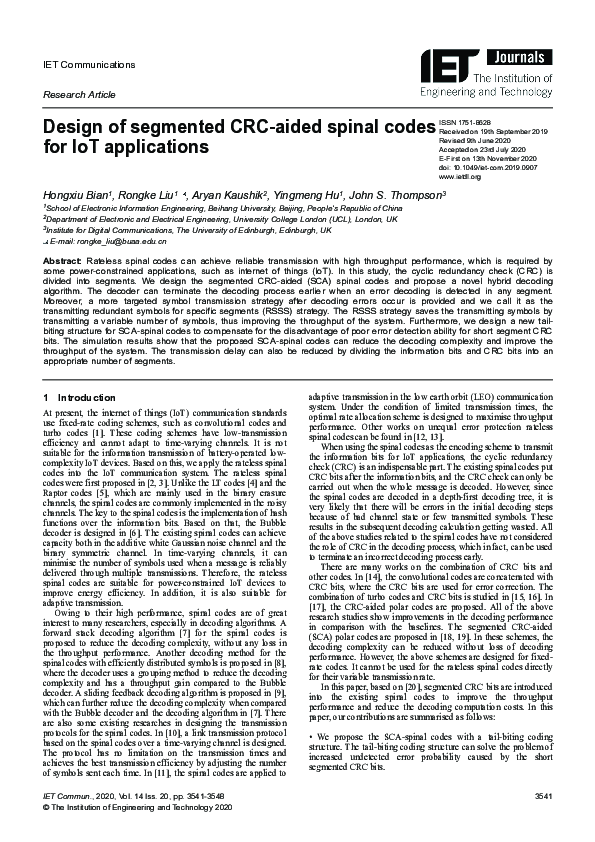 (PDF) Design of segmented CRC‐aided spinal codes for IoT applications