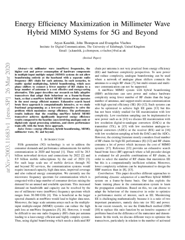 Pdf Energy Efficiency Maximization In Millimeter Wave Hybrid Mimo Systems For 5g And Beyond
