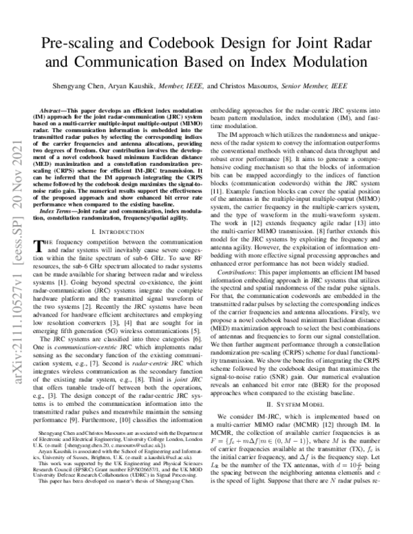 Pdf Pre Scaling And Codebook Design For Joint Radar And Communication Based On Index Modulation