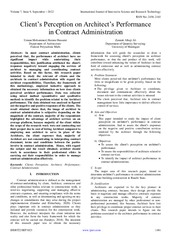 (PDF) Client's Perception on Architect's Performance in Contract ...