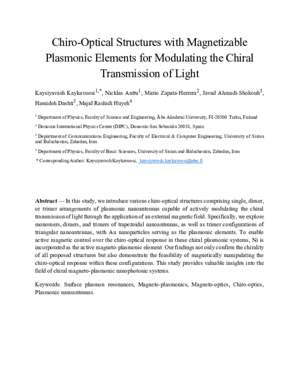 (PDF) Chiro-Optical Structures with Magnetizable Plasmonic Elements for Modulating the Chiral ...