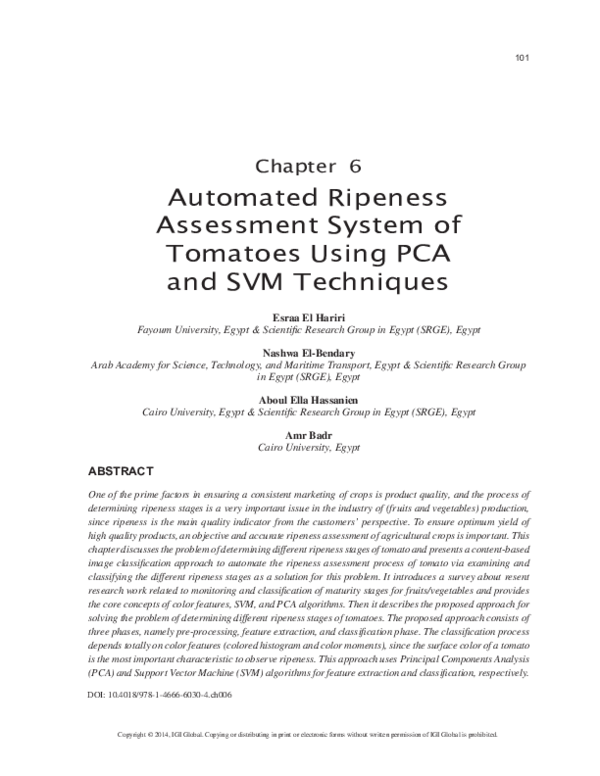 (PDF) Automated Ripeness Assessment System of Tomatoes Using PCA and SVM Techniques