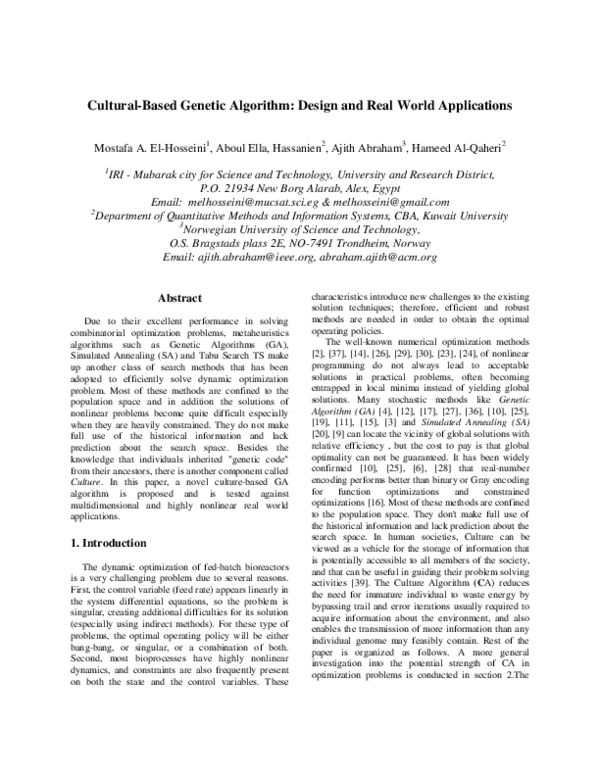 (PDF) Culture-Based Genetic Algorithm for Optimization Problems