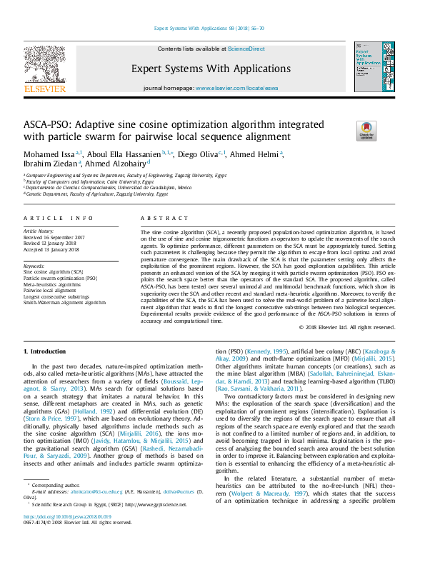 (PDF) ASCA-PSO: Adaptive sine cosine optimization algorithm integrated with particle swarm for ...