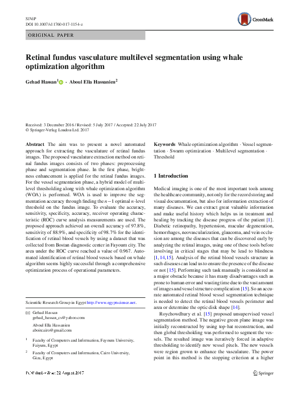 Pdf Retinal Fundus Vasculature Multilevel Segmentation Using Whale Optimization Algorithm