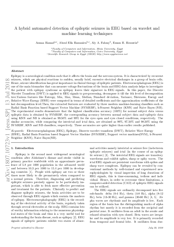 (PDF) A hybrid automated detection of epileptic seizures in EEG based on wavelet and machine ...