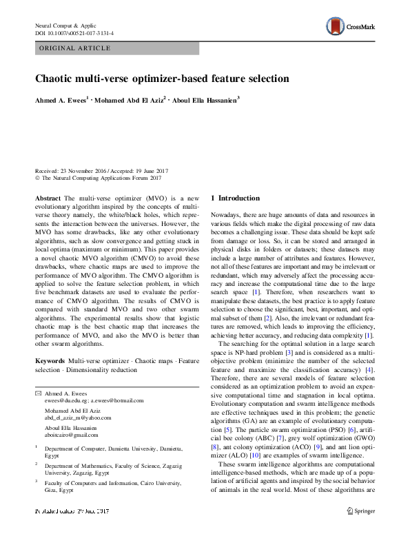 (PDF) Chaotic multi-verse optimizer-based feature selection | Professor ... (PDF) Chaotic multi-verse optimizer-based feature selection | Professor ...