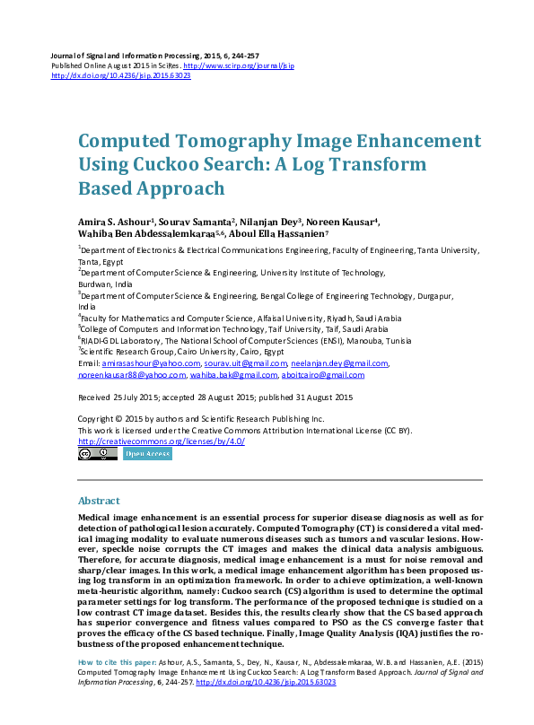 (PDF) Computed Tomography Image Enhancement Using Cuckoo Search: A Log Transform Based Approach