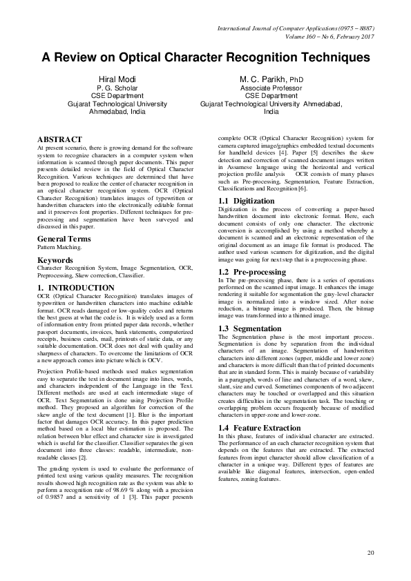 Pdf A Review On Optical Character Recognition Techniques