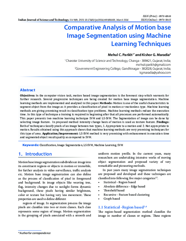 (PDF) Comparative Analysis of Motion base Image Segmentation using Machine Learning Techniques ...