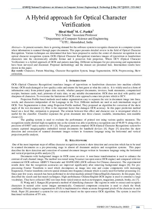 (PDF) A Hybrid approach for Optical Character Verification