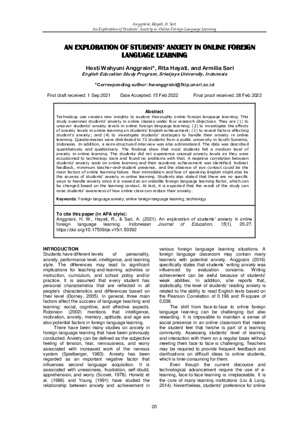 (PDF) An Exploration of Students’ Anxiety in Online Foreign Language ...