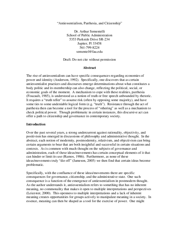 (PDF) Antiessentialism, Parrhesia, and Citizenship