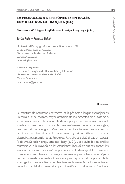 (PDF) La producción de resúmenes en Inglés como Lengua Extranjera (ILE)