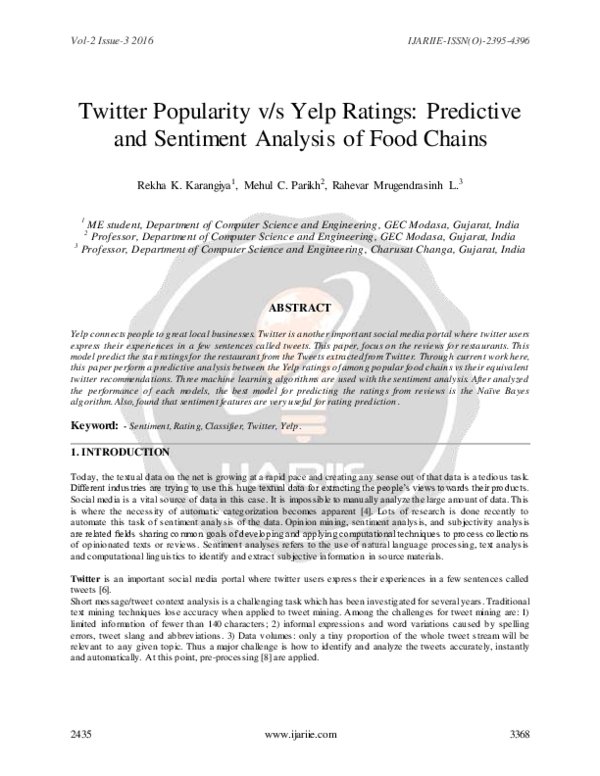 (PDF) Twitter Popularity v/s Yelp Ratings: Predictive and Sentiment ...