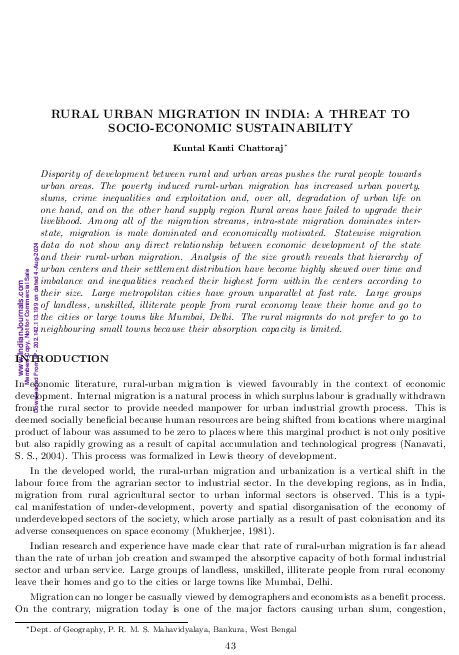 (PDF) RURAL URBAN MIGRATION IN INDIA: A THREAT TO SOCIO-ECONOMIC ...