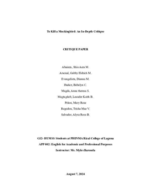 (PDF) To Kill a Mockingbird: An In-Depth Critique CRITIQUE PAPER