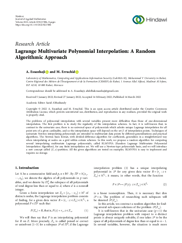 Pdf Lagrange Multivariate Polynomial Interpolation A Random