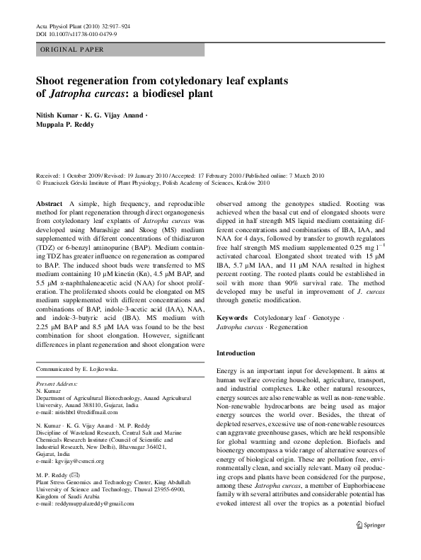 Pdf Shoot Regeneration From Cotyledonary Leaf Explants Of Jatropha