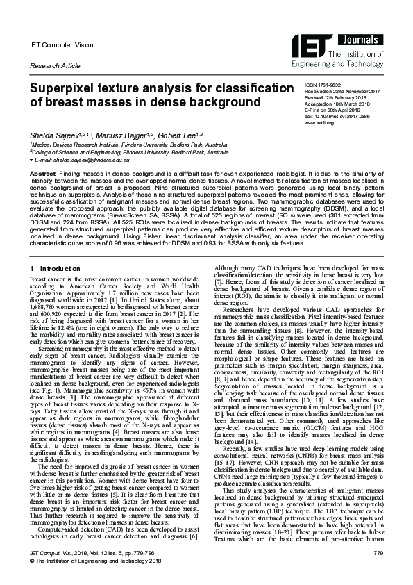 (PDF) Superpixel texture analysis for classification of breast masses in dense background