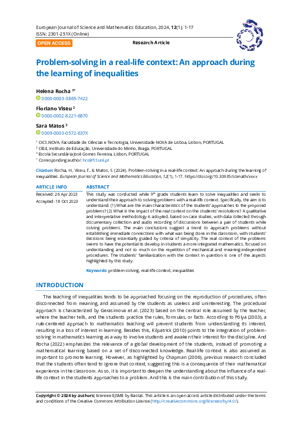 (PDF) Problem-solving in a real-life context: An approach during the learning of inequalities