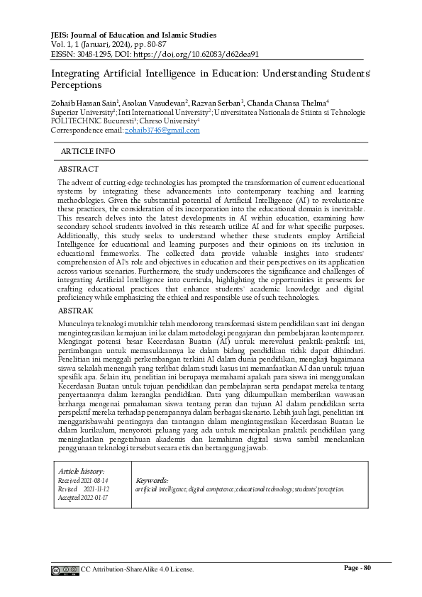 (PDF) Integrating Artificial Intelligence in Education: Understanding Students' Perceptions