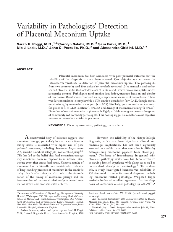 (PDF) Variablity in pathologists' detection of placental meconium uptake