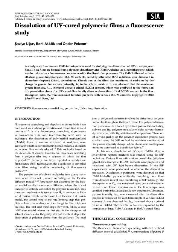 (PDF) Dissolution of UV-cured polymeric films: a fluorescence study