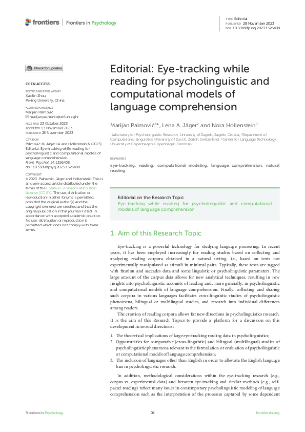 (PDF) Editorial: Eye-tracking while reading for psycholinguistic and computational models of ...