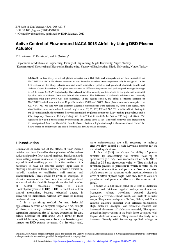 (PDF) Active Control of Flow around NACA 0015 Airfoil by Using DBD Plasma Actuator