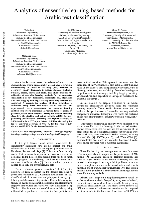 Pdf Analytics Of Ensemble Learning Based Methods For Arabic Text